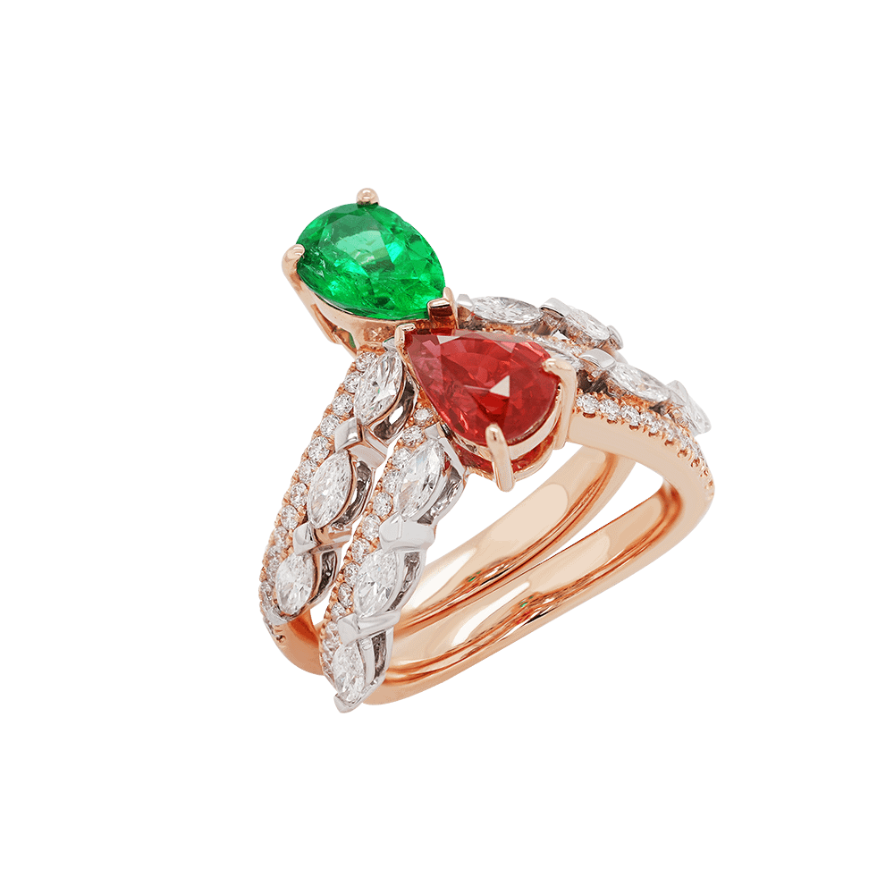 Elandra Flame Ruby Emerald Diamond Ring - On Cheong Jewellery